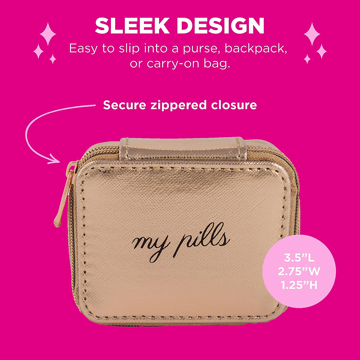 Miamica Zippered “My Pills” Pill Case with 8-Day Removable Plastic Medicine Organizer, Rose Gold, 3.5” L x 2.75” W x 1.25” H – Keep Your Vitamins and Pills Organized – Compact and Sleek Pill Box
