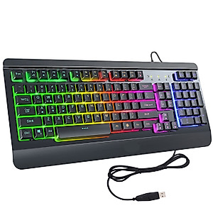 HovingTech Gaming Keyboard, USB Wired Keyboard with Metal Panel Rainbow Backlight, LED Illuminated Ergonomic Wrist Rest, Shortcuts, 19-Key Anti-Ghosting, Laptop & Desktop PC Computer Black