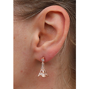 Love Paris Eiffel Tower Crystal Stud Dangle Earrings (Gold) Parisian Theme Pendant Fashion Women's Jewelry.