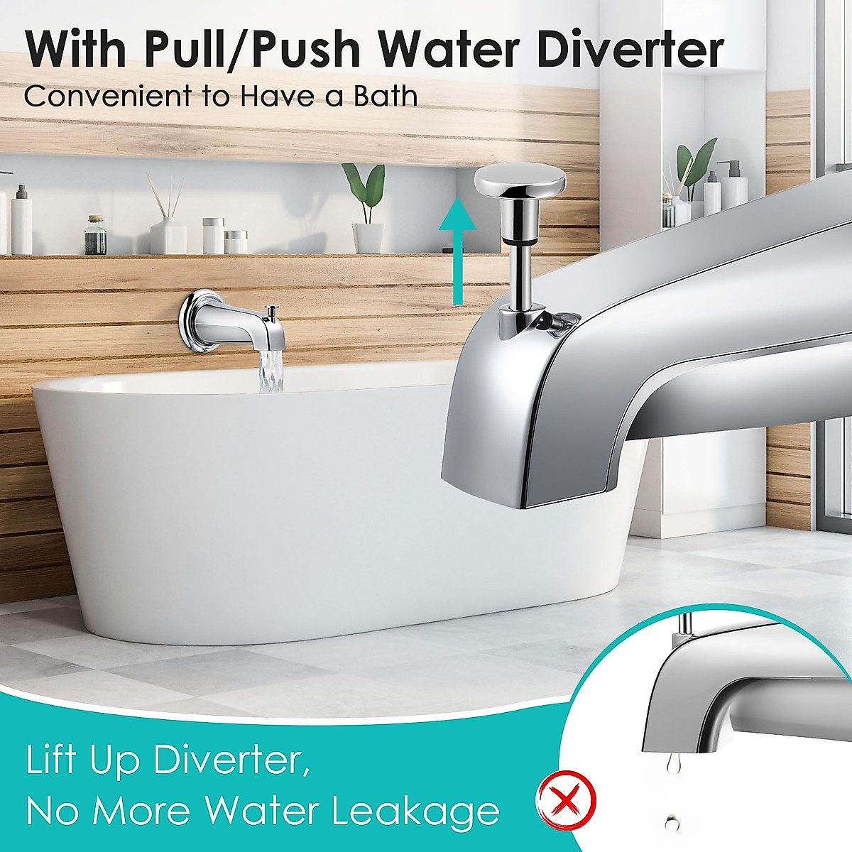 Enhon Universal Bathroom Spout with Metal Cover, 5 1/4 Inch Reach, Front Mount Tub Spout with Shower Diverter, 1/2'' IPS Thread (Chrome)