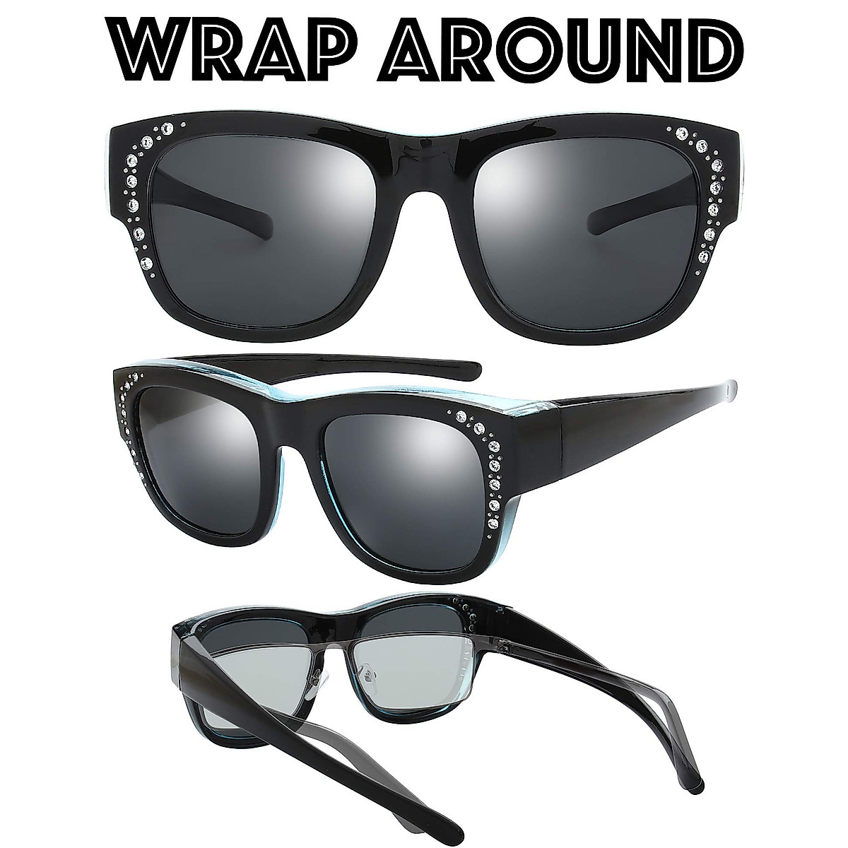 The Fresh High Definition Polarized Wrap Around Shield Oversized Sunglasses for Large Glasses - Gift Box Package (F5607RP02-Crystal blue/Black Paint for Large Glasses, Grey)