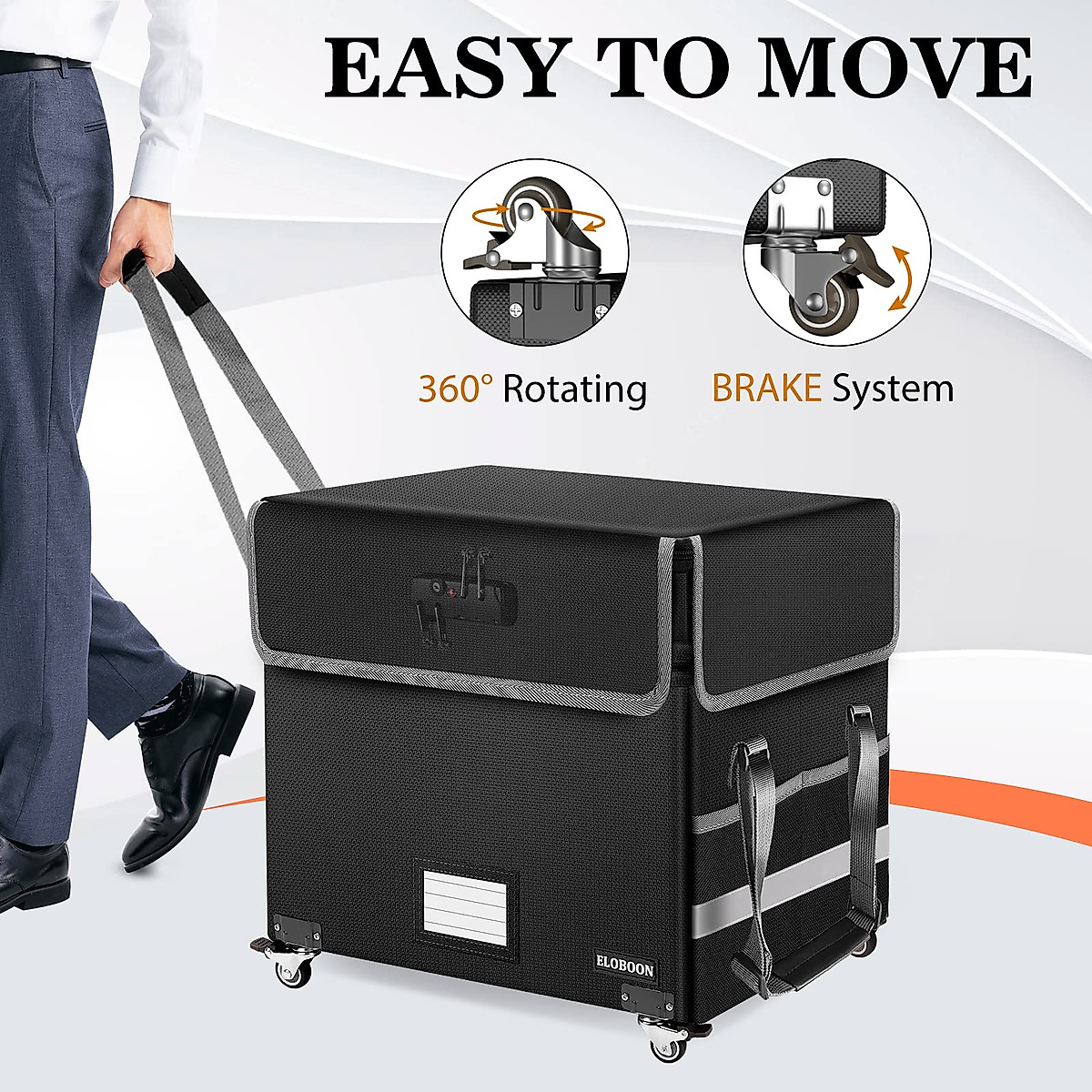 ELOBOON File Box with Lock, Fireproof Document Box with Wheels, Collapsible File Organizer Box, File Storage Box for Home & Office, Rolling File Cabinet for Hanging Letter/Legal Folders, Black