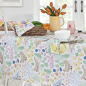 Home Bargains Plus Easter Fun Fabric Tablecloth, Bunny Rabbit, Easter Egg and Chicks Print Stain and Wrinkle Resistant Spring Tablecloth, 52” x 52” Square