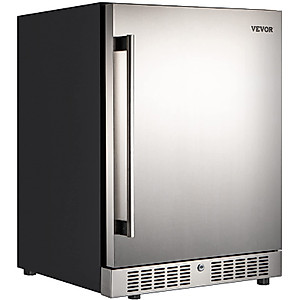 VEVOR 24'' Built-in Beverage Cooler, 5.3 cu.ft. Stainless Steel Beverage Refrigerator w/Embraco Compressor, 142 Can Beer Fridge for Home Bar Office Outdoor Indoor Use, 150L, Black & Silver