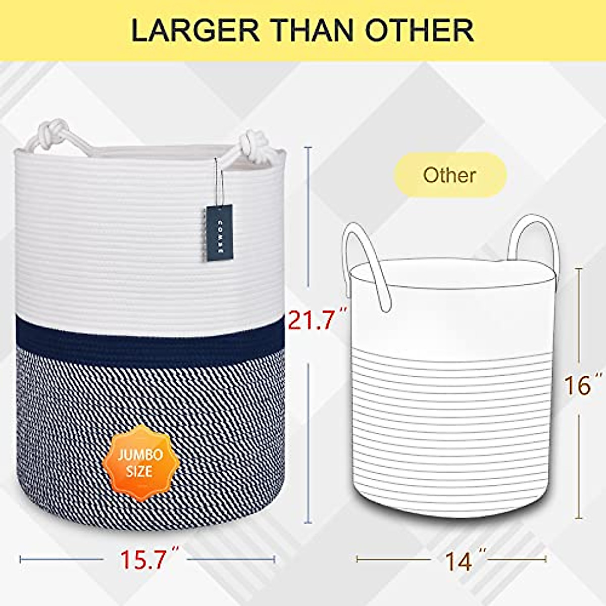 COMSE Extra Large Blanket Basket, Tall Storage Basket, 15.7”x 21.7”, Tall Rope Laundry Basket, Cotton Rope Basket, XXXL Laundry Basket, Toy Basket, Woven Basket, Clothes Baskets, Blend White/Navy Blue