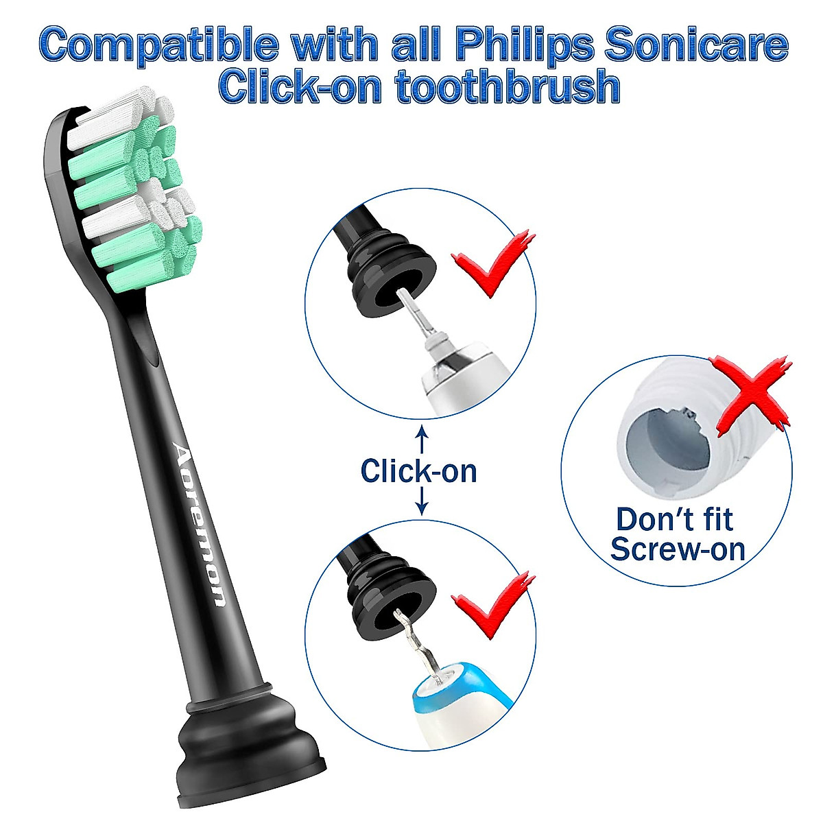 Aoremon Replacement Heads for Sonicare - Replacement Brush Heads Compatible with Philips Sonicare Snap-on Electric Toothbrush (Black),8 Pcs