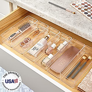 STORi SimpleSort 6-Piece Stackable Clear Drawer Organizer Set | 9" x 3" x 2" Rectangle Trays | Narrow Makeup Vanity Storage Bins and Office Desk Drawer Dividers | Made in USA