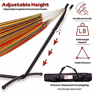 ACH Double Hammock with Stand Included 2 Person Heavy Duty Strong Portable Hammocks Indoor and Outdoor with Pillow-Carrying Bag for Outside Patio Backyard Lawn-450lb Capacity Rainbow