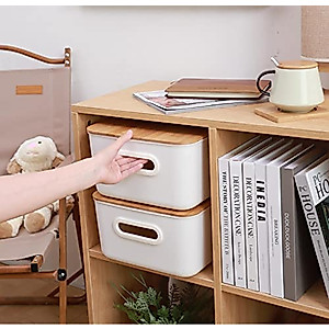 Citylife 2 PCS Storage Bins with Bamboo Lids Plastic Storage Containers for Organizing Stackable Storage Box with Handle, 15.12 x 10.67 x 5.98 inch