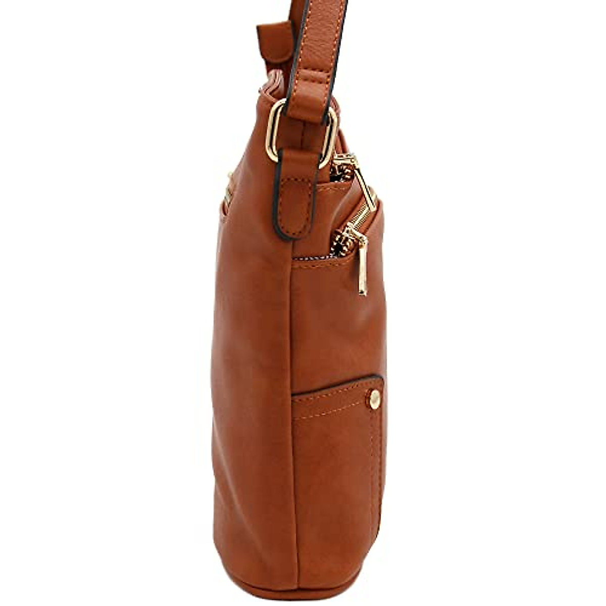 FashionPuzzle Triple Zip Pocket Medium Crossbody Bag (Dark Tan)