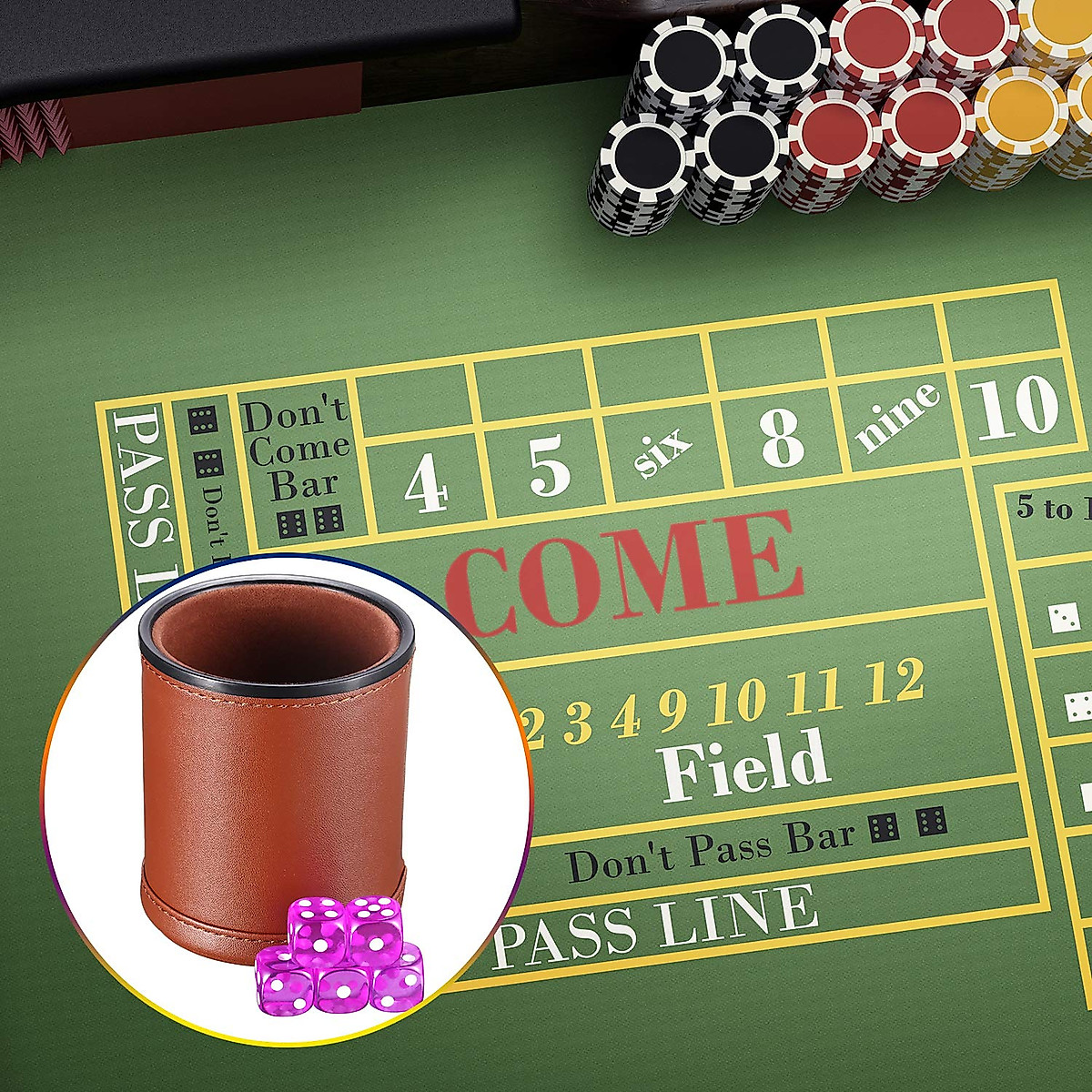 6 Pieces Dice Cup PU Leather Felt Lining Quiet Shaker with 30 Dices for Craps Farkle Game