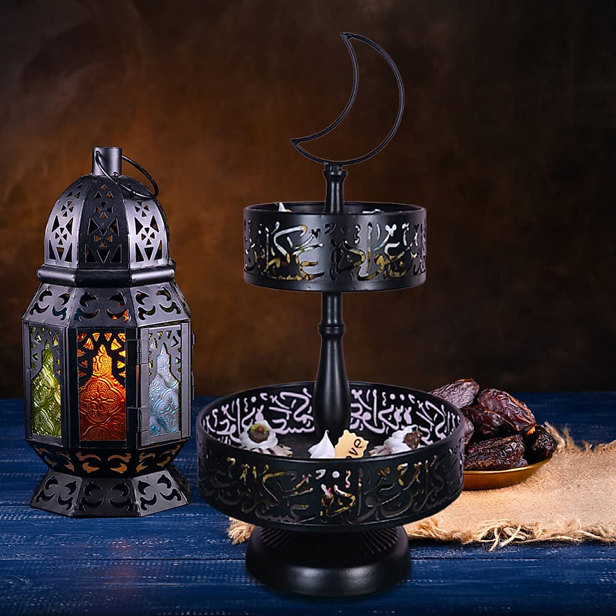 Ramadan Metal Serving Tray Moon Decor Trays Cookies Dessert Display Plate Serving Tower Tray Eid Double-Layer Pastry Tray Islam Muslim Al-Fitr Iftar Party Crescent Iron Platters Table Decor Type 6