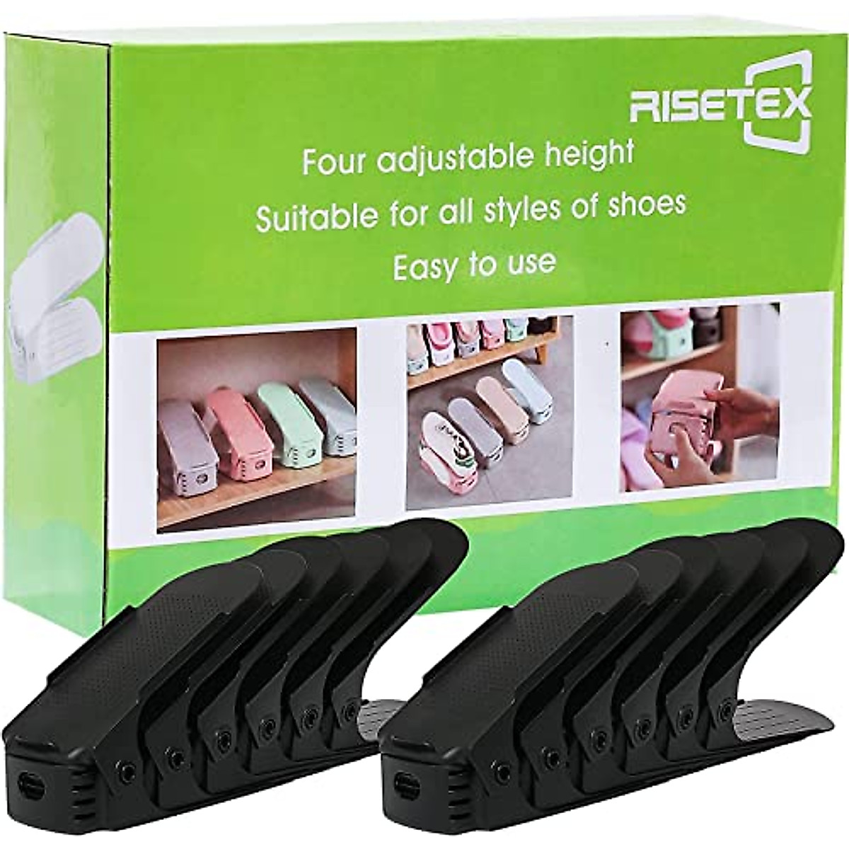 RISETEX Shoe Slots Organizer 12 Pack Black,Shoe Organizer for Closet,Shoe Stackers Increase Space by 200%,Adjustable 4 Level Shoe Space Saver,Double Deck Shoe Rack Holder for Closet (12pack-Black)