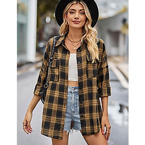 Zontroldy Womens Flannel Plaid Shirts Oversized Lightweight Buffalo Plaid Button Down Shirt Blouse Tops (0355-02Brown-S)