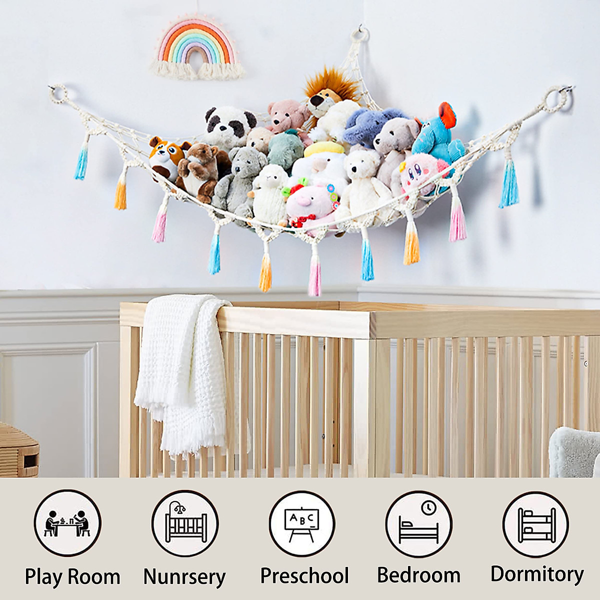 Stuffed Animal Net or Hammock with Light,Yewiwin Macrame Hanging Net Hammock for Stuffed Animal Toy Storage Organizer Boho Decor Room Holder for Nursery Play Room Bedroom (Beige)