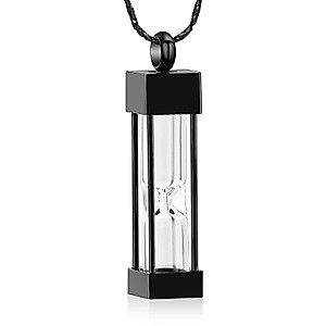 Imrsanl Glass Hourglass Cremation Jewelry Container Vial Urn Necklace Pendant Stainless Steel Cylinder Bottle Memorial Cremation Keepsake Jewelry for Women/Men (Black)