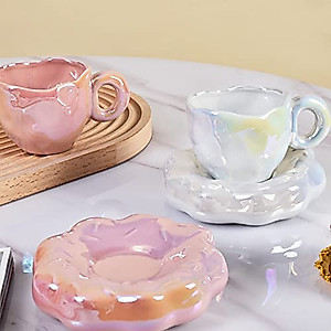 Koythin Ceramic Coffee Mug, Creative Cute Cream Sheen Cup with Sunflower Coaster for Office and Home, 6.5 oz/200 ml for Tea Latte Milk (Cream Pink)