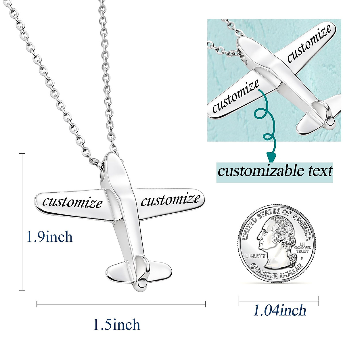 Fanery Sue Stereoscopic Aircraft Model Personalized Necklace Custom Engraved Name Pendant Necklace Pilot Gift(Engraving)
