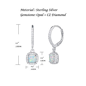 FANCIME Lever Back Earrings Created Opal October Birthstone Earrings Sterling Silver White Fire Opal Halo Cubic Zirconia Square French Back Earrings Jewelry for Women
