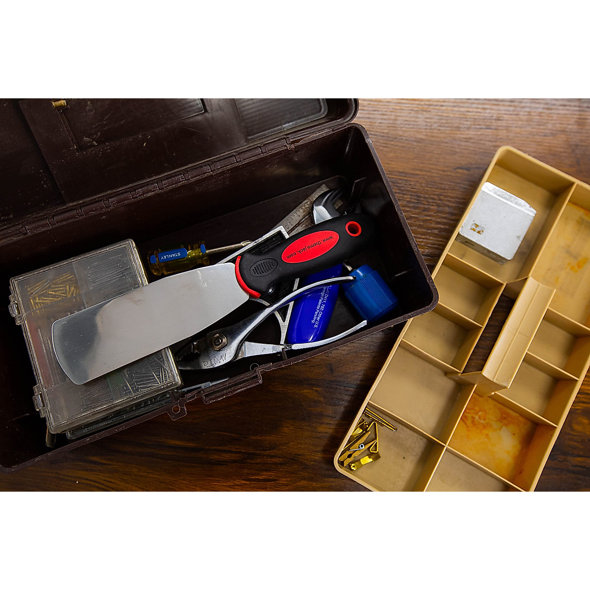 Mojack Heavy-Duty Stainless-Steel Lawn Mower Maintenance Deck Scraper – EZ Rubberized Non-Slip Grip Handle, 10.25” x 2”