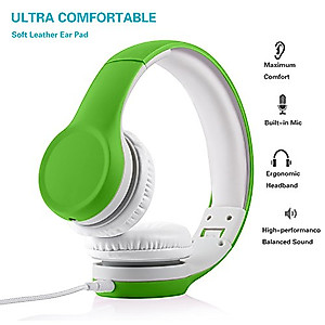 YUSONIC Kids Headphones, Two Audio Port for Sharing, Headphones for Kids with mic & Volume Limiting, Baby Children Toddlers Boys Girls Laptop Tablet Class Travel School use（Green