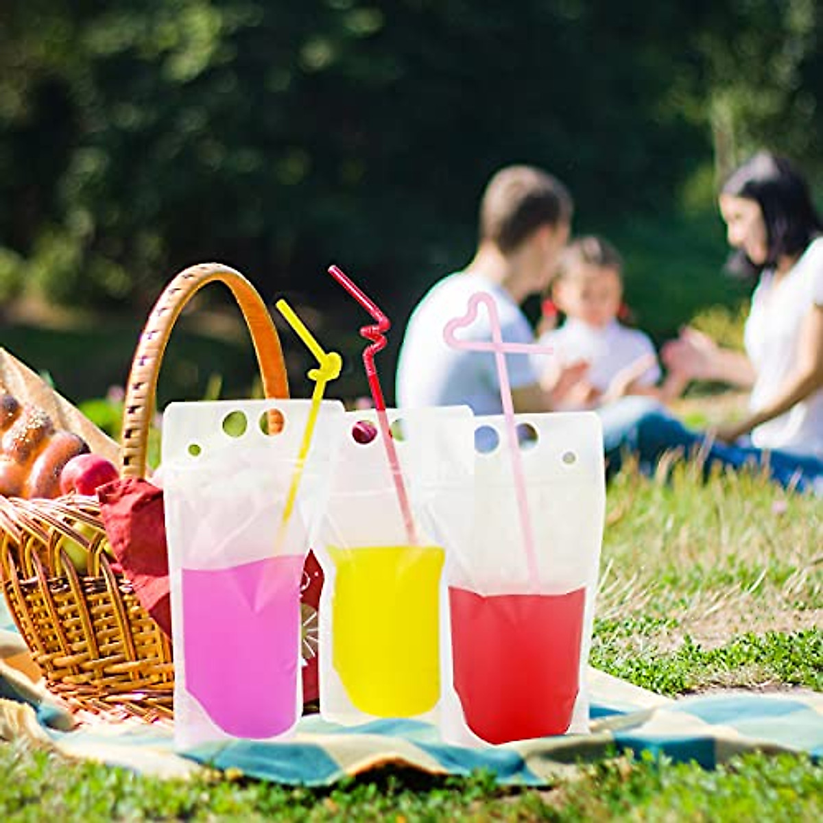 50 PCS Stand-Up Plastic Drink Pouches Bags with 50 Drink Straws, Heavy Duty Hand-Held Translucent Reclosable Ice Drink Pouches Bag, Non-Toxic, for Smoothie, Cold & Hot Drinks