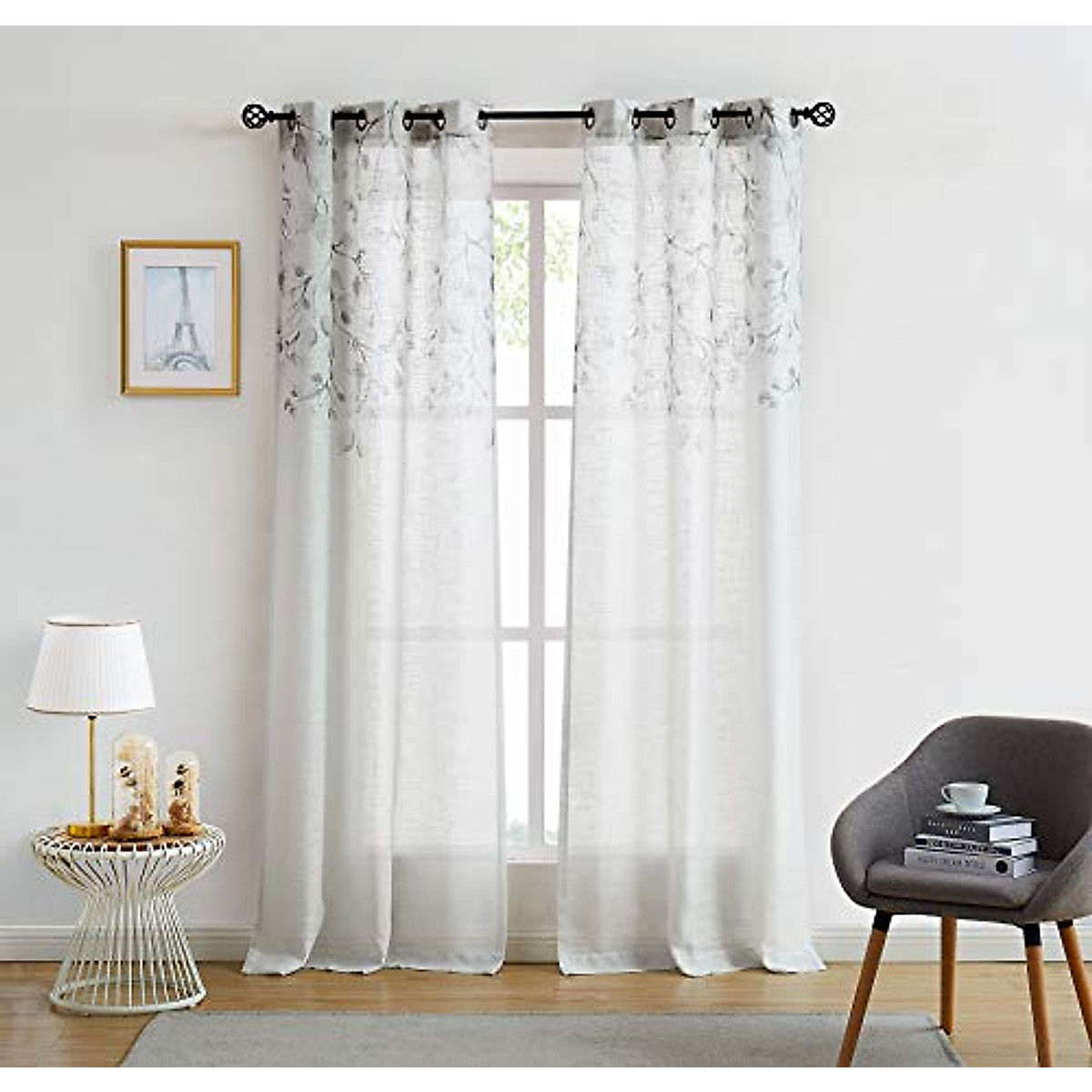 Central Park Leaf Floral Print Metallic Sheer Linen Window Curtain Panel for Rustic Living Room/Bedroom Sparkling Decorative 6 Grommets Top Drape Farmhouse Curtains,Gray Tan,40" x 95"x2, 2 PK