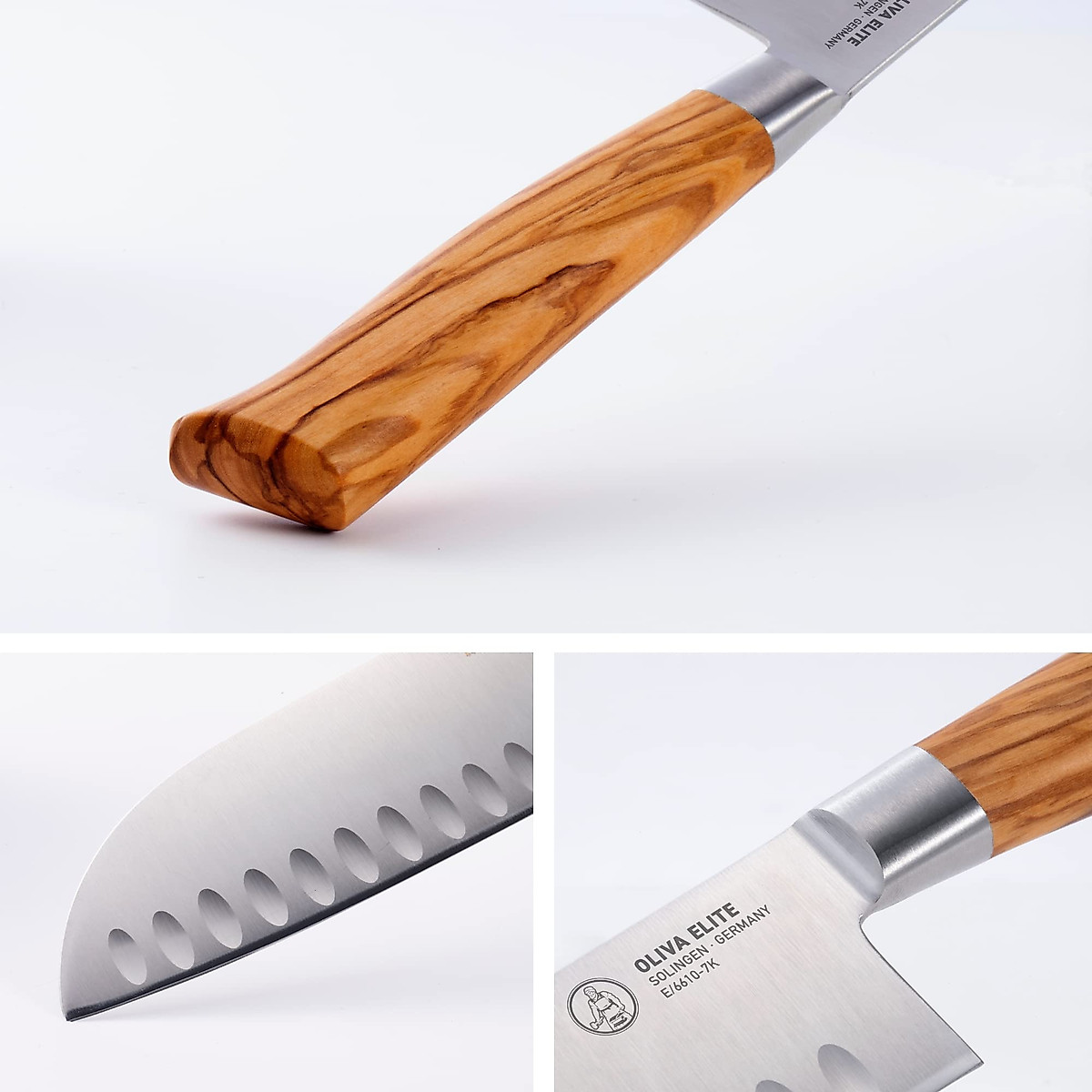 Messermeister Oliva Elite 7” Kullenschliff Santoku Knife - Japanese Chef’s Knife - German Steel Alloy Blade & Mediterranean Wood Handle - Rust Resistant & Easy to Maintain