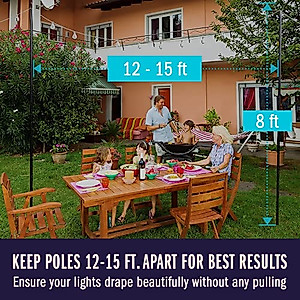 Holiday Styling String Light Poles for Outdoor String Lights - Metal Light Pole w/Hooks for Outdoor String Lighting - Patio Light Accessories Ideal for Backyard, Weddings, and Parties