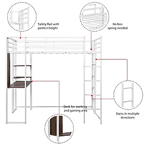 Full Size Metal Loft Bed with Shelves and one Desk, Multifunctional Loft Bed Frame for Teens/Adults (White, Full)