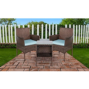 BTEXPERT Space Saving Outdoor Wicker Conversation 3 Piece Bistro Set Garden Patio Yard Porch Furniture Pe Rattan Two Chairs Cushions Side Storage Table Brown/Aqua Blue