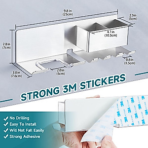 Hair Dryer Holder Wall Mounted, Blow Dryer Organizer, Hair Tool Organizer, Adhesive Blow Dryer Holder for Bathroom, Stainless Steel Hair Dryer Stand with Plug Hook & Storage Compartment