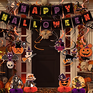 Halloween Birthday Party Decorations Halloween Decorations Banner Indoor, Halloween Honeycomb Table Centerpieces with Hanging Swirls and Cake Topper,Halloween Birthday Decorations for Home(49Pcs)