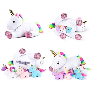 Pegmapri 16inch Unicorn Stuffed Animals PlaySet- Unicorn Doll Toy Gifts for Girls - Stuffed Mommy Unicorn with 4 Baby Plush Unicorns