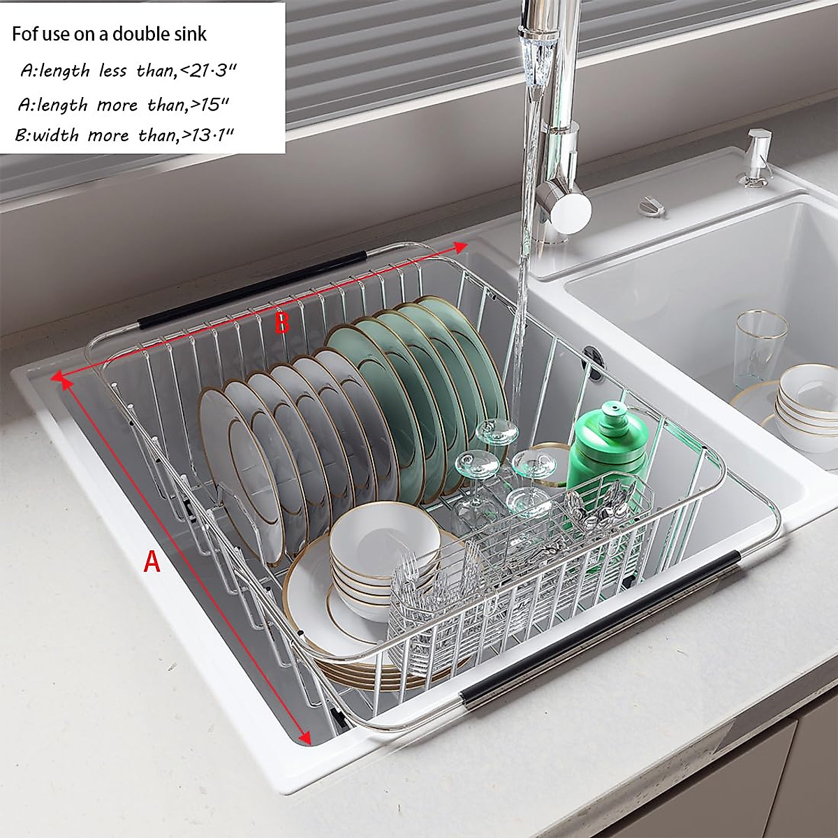 ESBOLM Dish Drainers for Inside Sink - Adjustable Over Sink Stainless Steel Dish Rack,Expandable 15.1" to 21.28" Dish Drying Rack,with Utensil Holder-X-Large(for 3-6 People)
