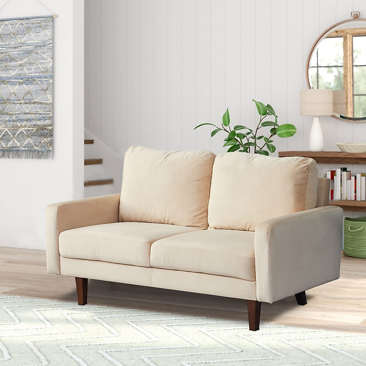 INSTORY Velvet Loveseat Mid-Century Modern Sofa Tufted Couch with Wooden Legs for Living Room - Gold