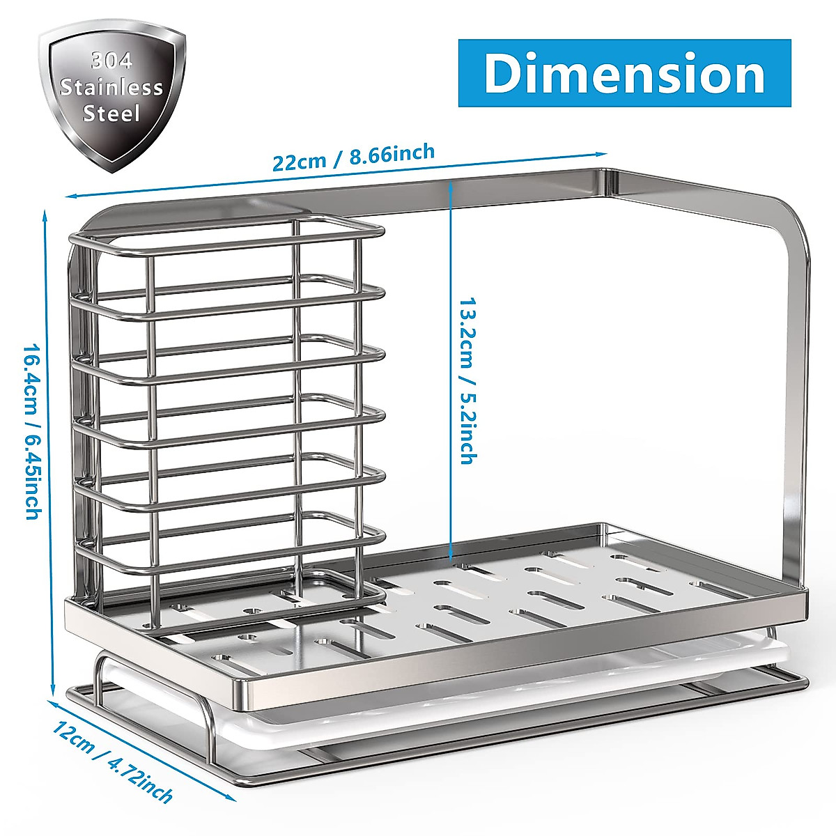 FixOwl Kitchen Sink Caddy Organizer 304 Stainless Steel Sponge Holder Dish Soap Brush Scrubber Countertop Rack, Rustproof, Silver