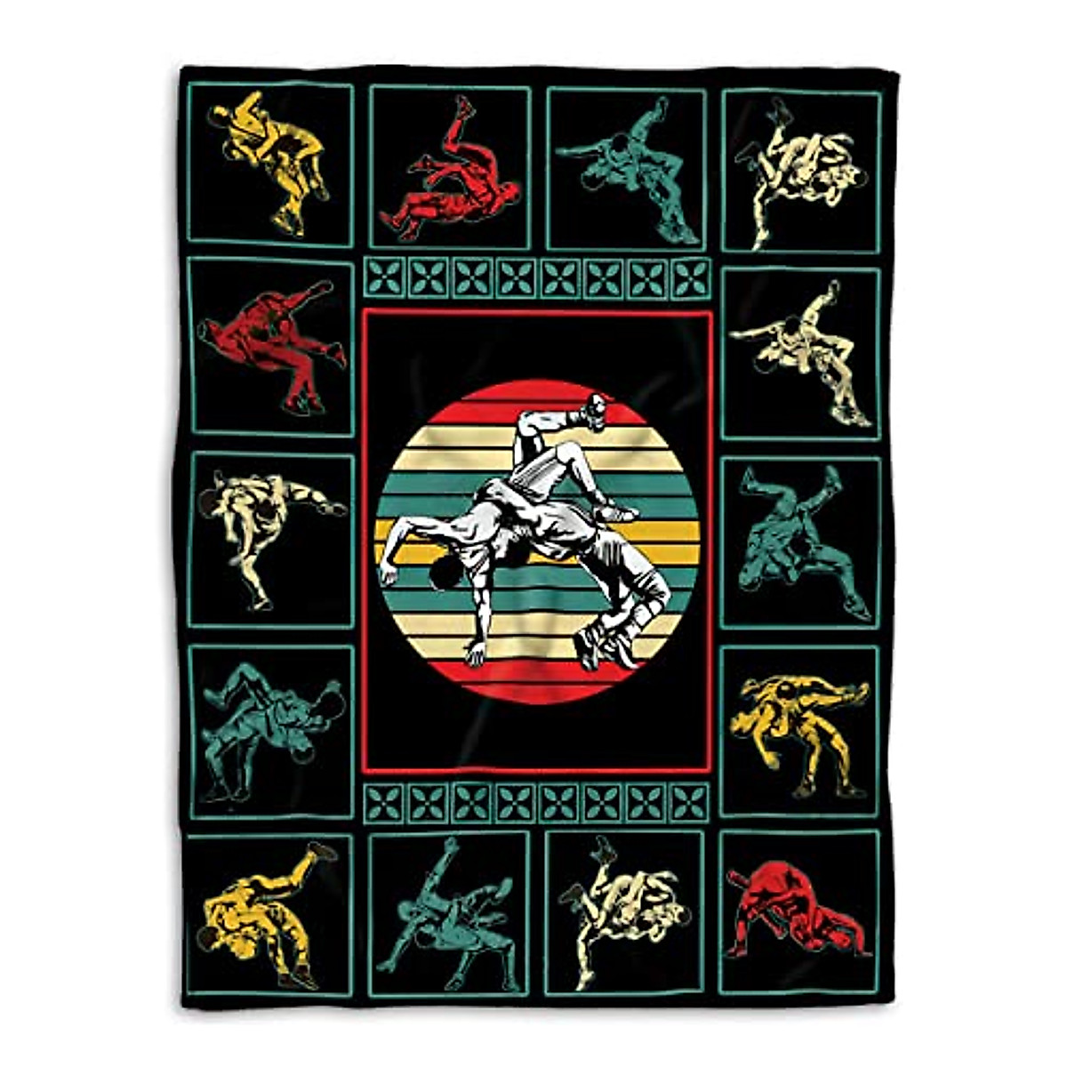 OhaPrints Patchwork Vintage Style Wrestling Posture Wrestler Gift Wrestling Fan Lover Soft Sherpa Throw Blankets Cozy Fuzzy Fleece Throws for Tv Sofa Couch Comfy Fluffy Blanket 30X40 50X60 60X80