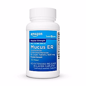 Amazon Basic Care Guaifenesin Cough and Mucus Relief Extended-Release Tablets, 600 mg, 12 Hour Expectorant Caplet 60 Count