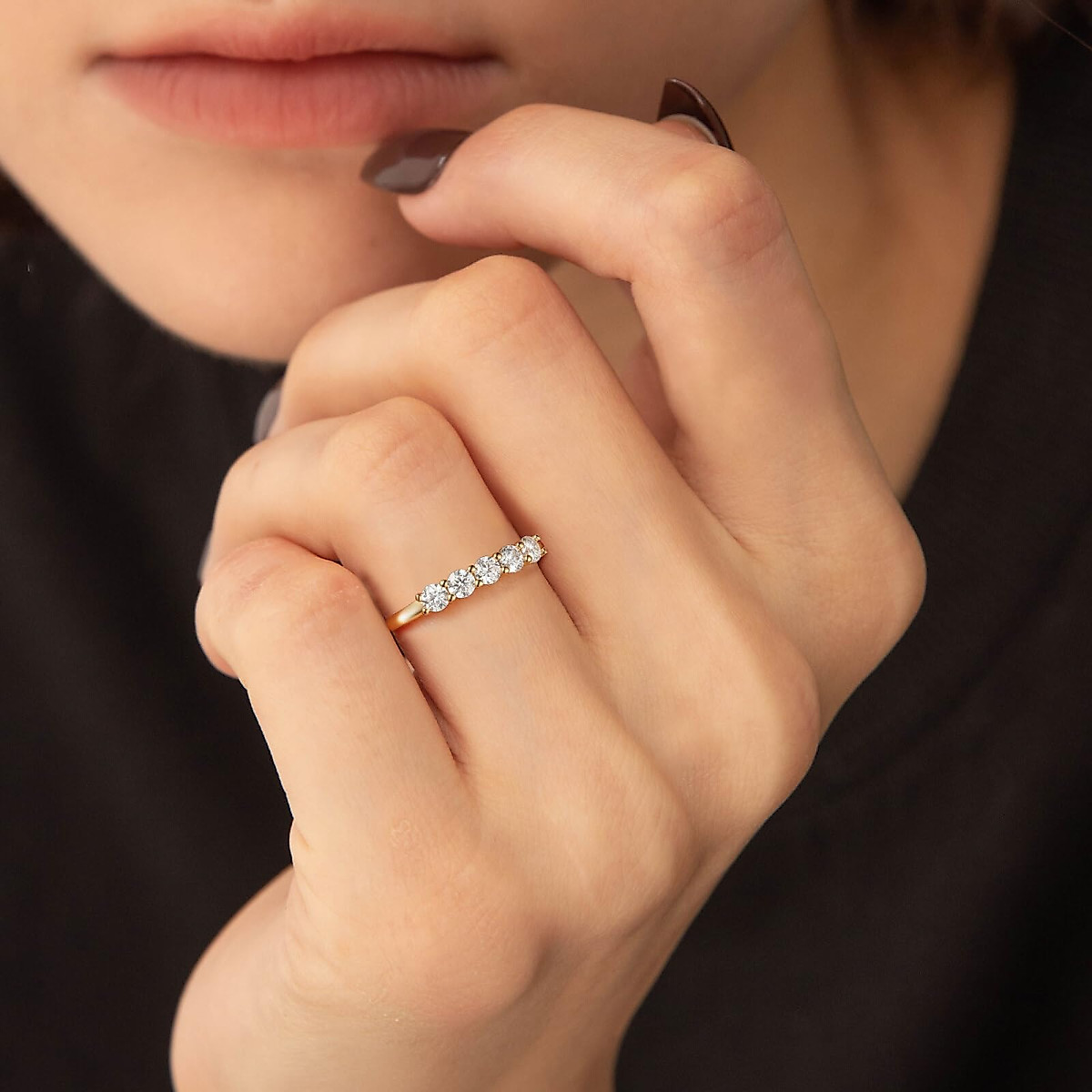 SMILEST 5 Stone Moissanite Wedding Band for Women, D Color VVS1 Clarity Lab Created Diamond Eternity Rings 18K White Gold Plated 925 Sterling Silver Round Cut Moissanite Anniversary Rings for Women