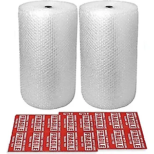 2-Pack Bubble Cushioning Wrap Rolls, 3/16" x 12" x 72' ft Total, Perforated Every 12", 20 Fragile Stickers for Packaging, Shipping, Mailing