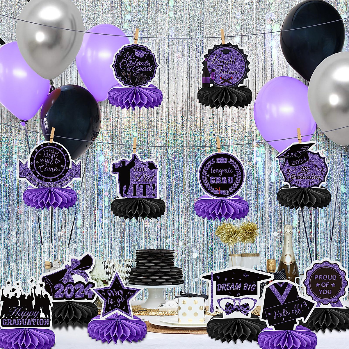 12PCS Graduation Decorations Class of 2024, Congrats Grad Table Centerpieces Graduation Honeycomb Centerpieces Grad Party Centerpieces 2024 Graduation Decorations for Party, Purple