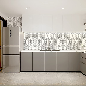 Amiya Silver Gray Peel and Stick Wallpaper Modern Boho Removable Vinyl Contact Paper Leaf Self Adhesive Bathroom Wallpaper for Cabinets 17.7" x 120" Renter Friendly