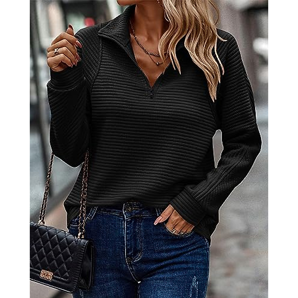 BTFBM Womens 2023 Fall Fashion Quarter Zip Sweatshirts Half Zip Casual Long Sleeve Solid Color V Neck Pullover Tops(Solid Black,Medium)
