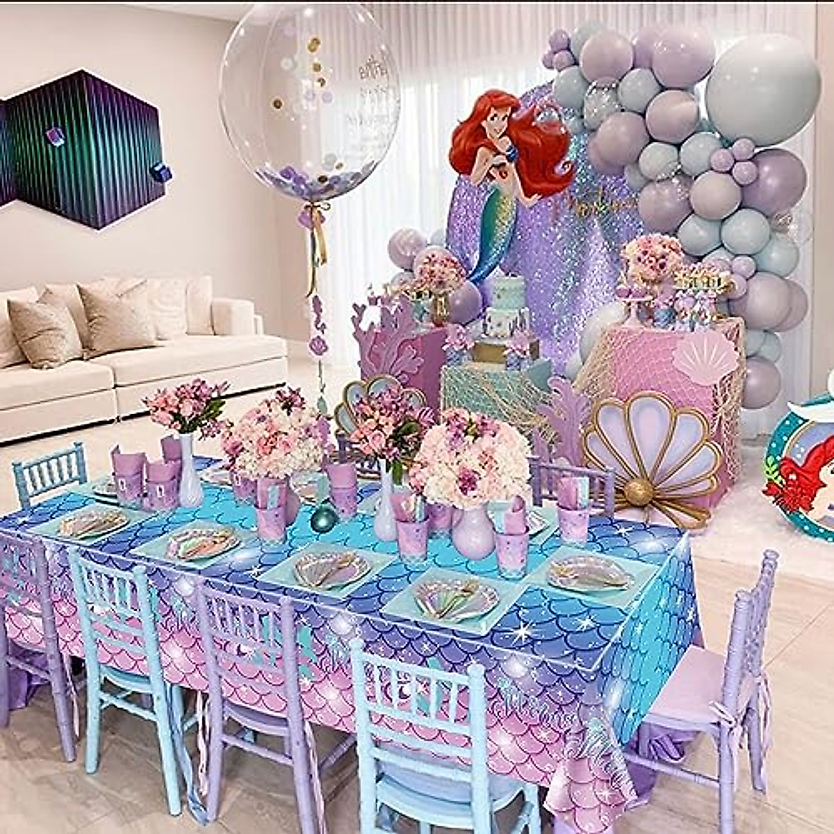 4 Pcs Mermaid Tablecloths, Rectangular Mermaid Table Covers, Disposable Mermaid Table Cloths for Parties Under the Sea Baby Shower Mermaid Birthday Decorations Mermaid Party Supplies, 51x86 Inch