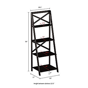 Lavish Home 4-Tier Ladder Bookshelf – Freestanding Wooden Bookcase – X-Back Frame and Leaning Look Decorative Shelves for Home and Office (Black) Set of 1