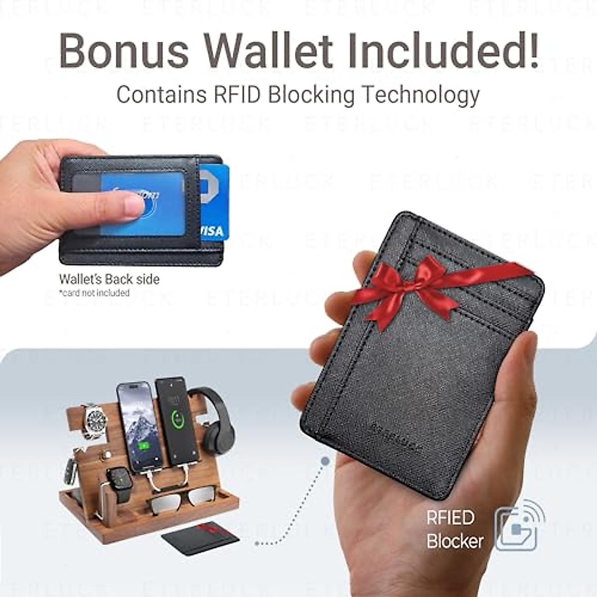 ETERLUCK Wooden Docking Station Men, Nightstand Organizer Bundle w/RFID Blocking Leather Wallet - Charging Station, Cell Phone Stand, Tablet Stand, Husband Gifts from Wife, for Dad - Walnut