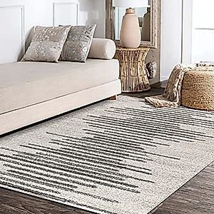 Eyely HOM205A-8 Moroccan Hype Aya Berber Stripe Geometric Indoor Area Rug Modern;Transitional;Bohemian;Rustic, Bedroom, Kitchen, Living Room, Easy-Cleaning, Non-Shedding, 8 X 10, Cream/Gray