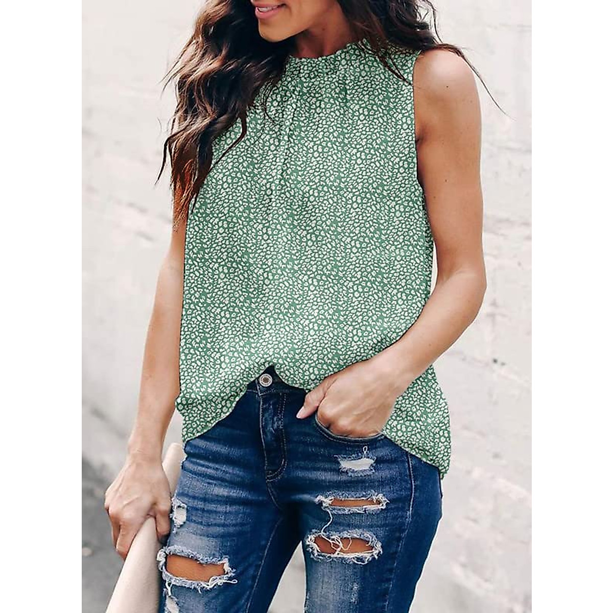 Dokotoo Womens Fashion Summer Casual Sleeveless Basic Shirts Plus Size Halter High Neck Leopard Print Loose Fit Tunic Tank Top Blouses Tee Vest Green X-Large