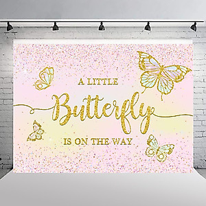 Wollmix Butterfly Baby Shower Decoration for Girl Backdrop 7x5ft Gold A Little Butterfly is on The Way Photography Background Party Golden Dots Princess Banner Photo Booth Supplies Props